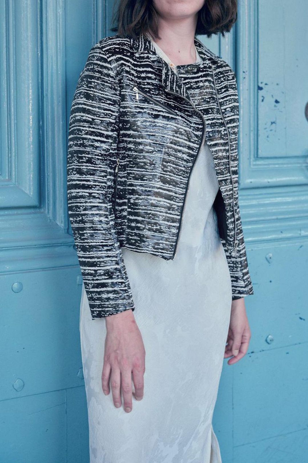 Black and White Striped Jacquard Perfecto Jacket With Pixelated/glitch ...