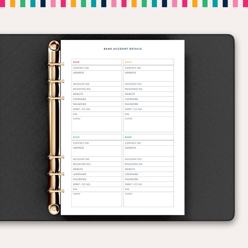 Bank Account Details A5 Planner Inserts, Bank Account Details Sheet ...