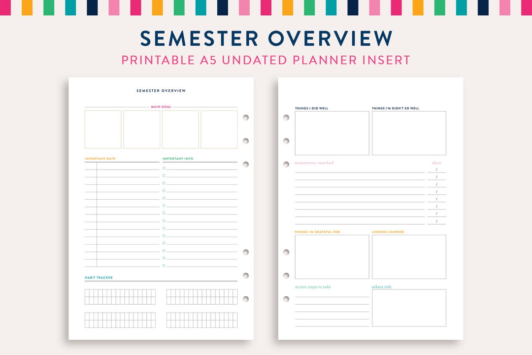 Semester Overview A5 Planner Inserts, Semester Overview Sheet ...