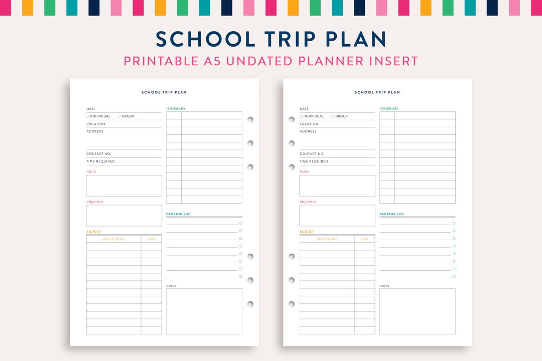 School Trip Plan A5 Planner Inserts, School Trip Plan Sheet, Printable ...