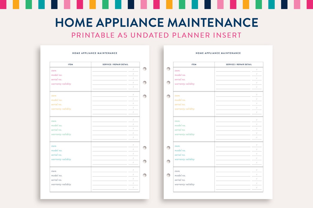 Home Appliance Maintenance A5 Planner Inserts, Home Appliance ...