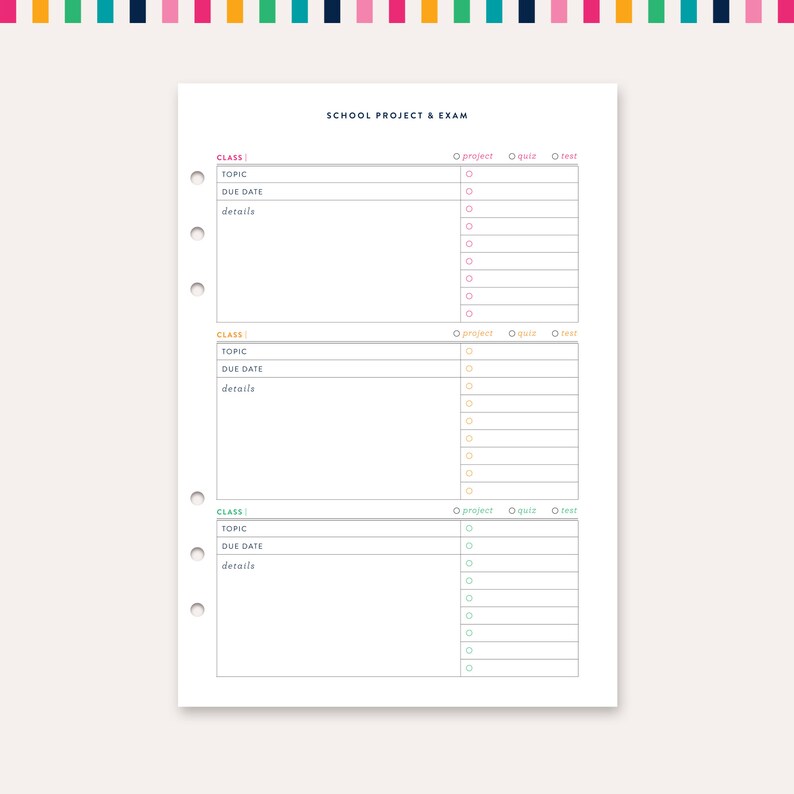 School Project and Exam A5 Planner Inserts, School Project and Exam ...