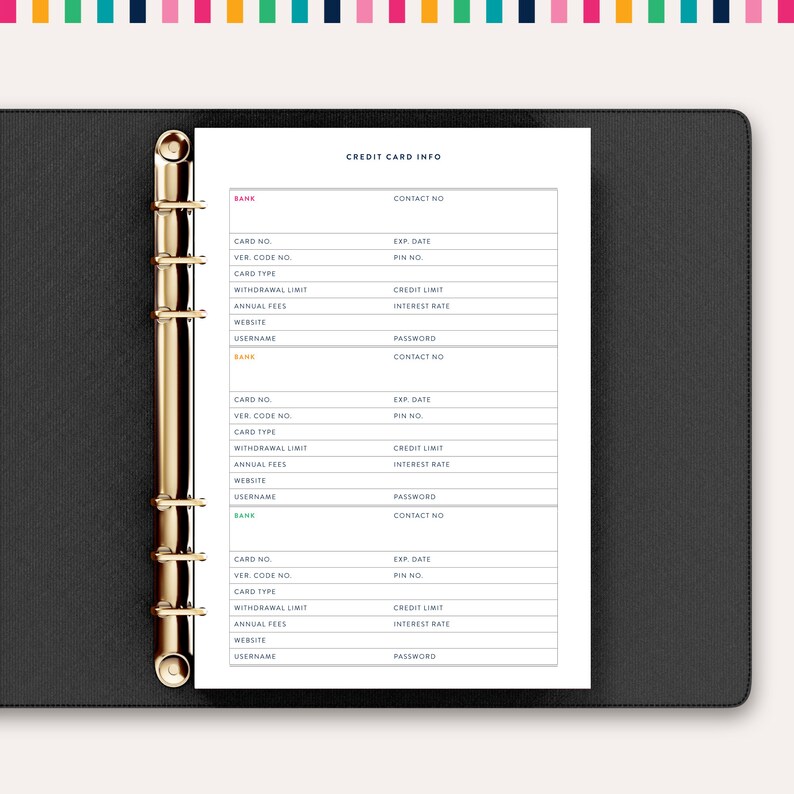 Credit Card Info A5 Planner Inserts, Credit Card Info Sheet, Printable ...