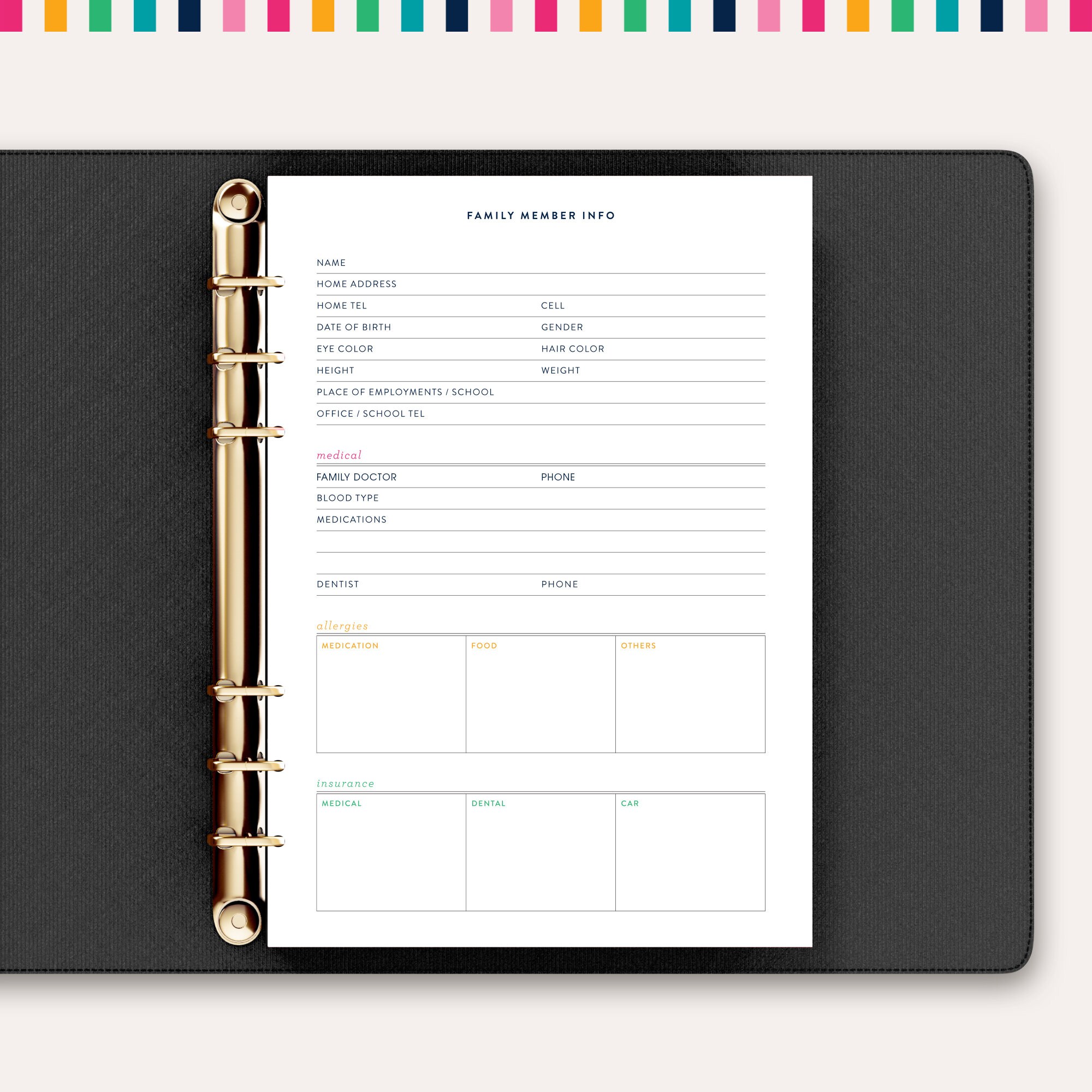 Family Member Info A5 Planner Inserts, Family Member Info Sheet ...
