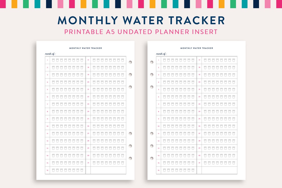 Monthly Water Tracker A5 Planner Inserts, Monthly Water Tracker Sheet ...