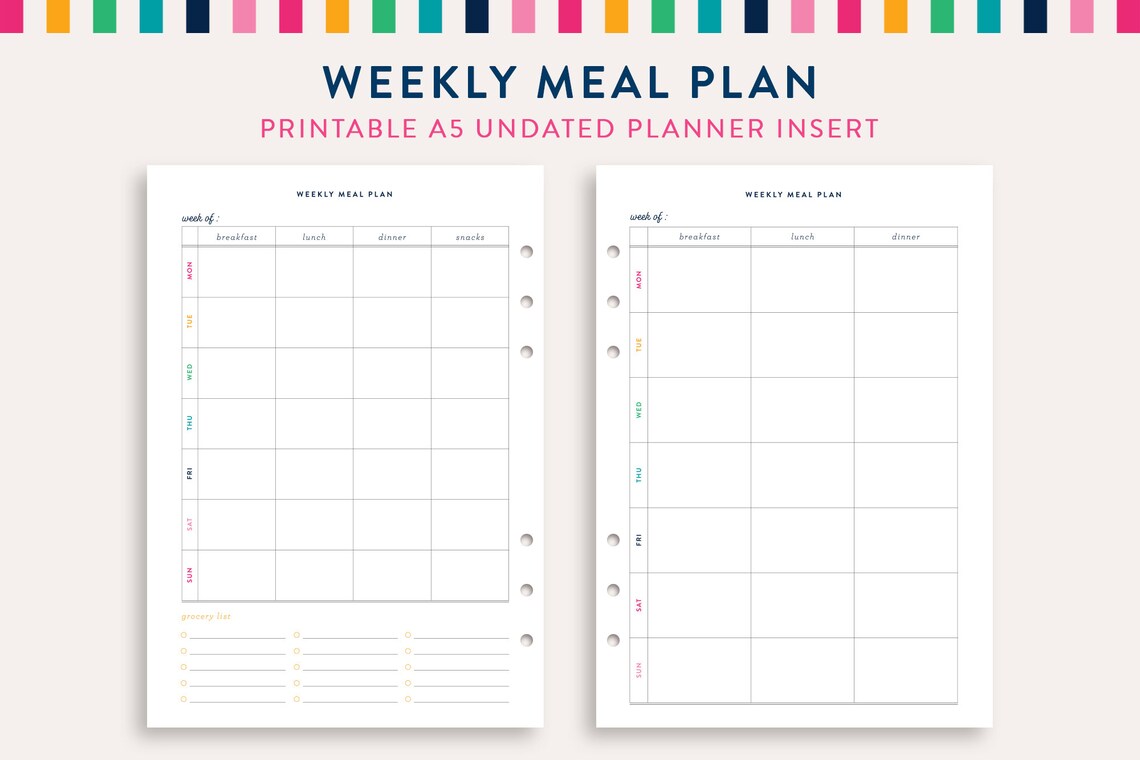 Weekly Meal Plan A5 Planner Inserts, Weekly Meal Plan Sheet, Printable ...