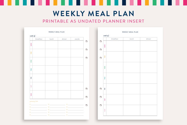 Weekly Meal Plan A5 Planner Inserts Weekly Meal Plan Sheet - Etsy