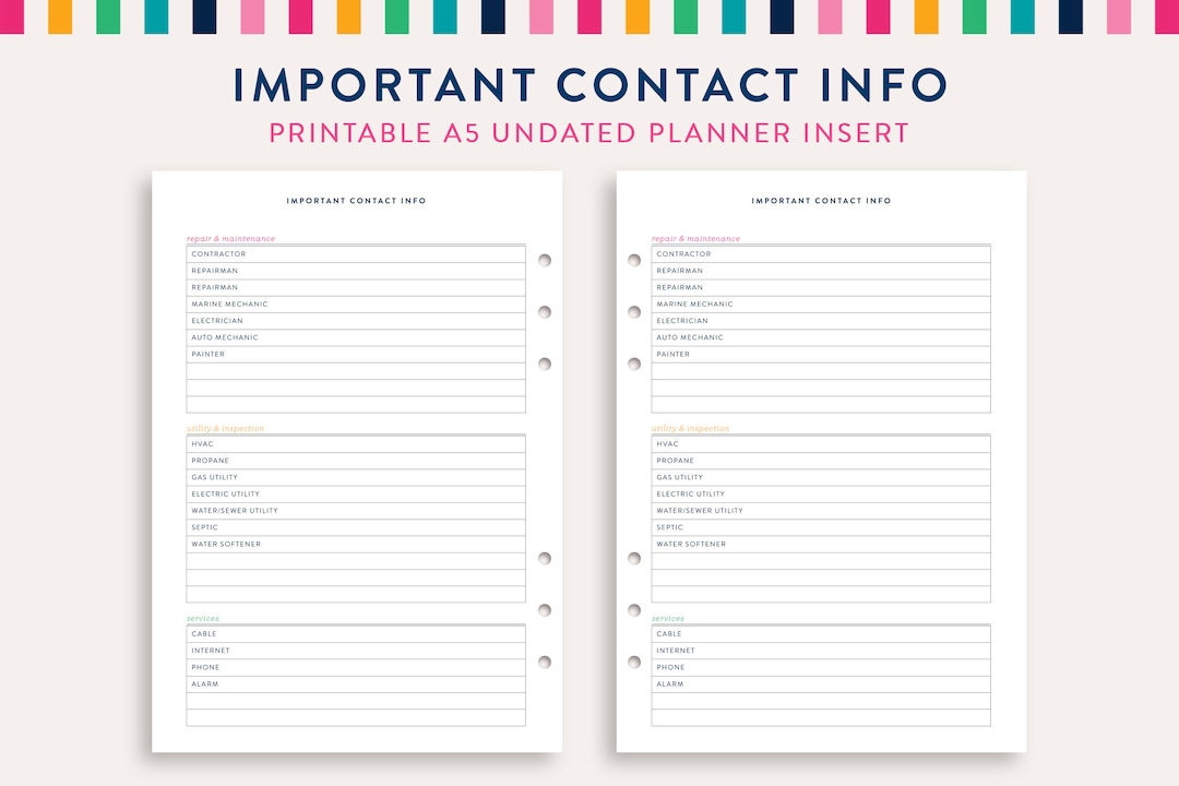Important Contact Info A5 Planner Inserts, Important Contact Info Sheet ...