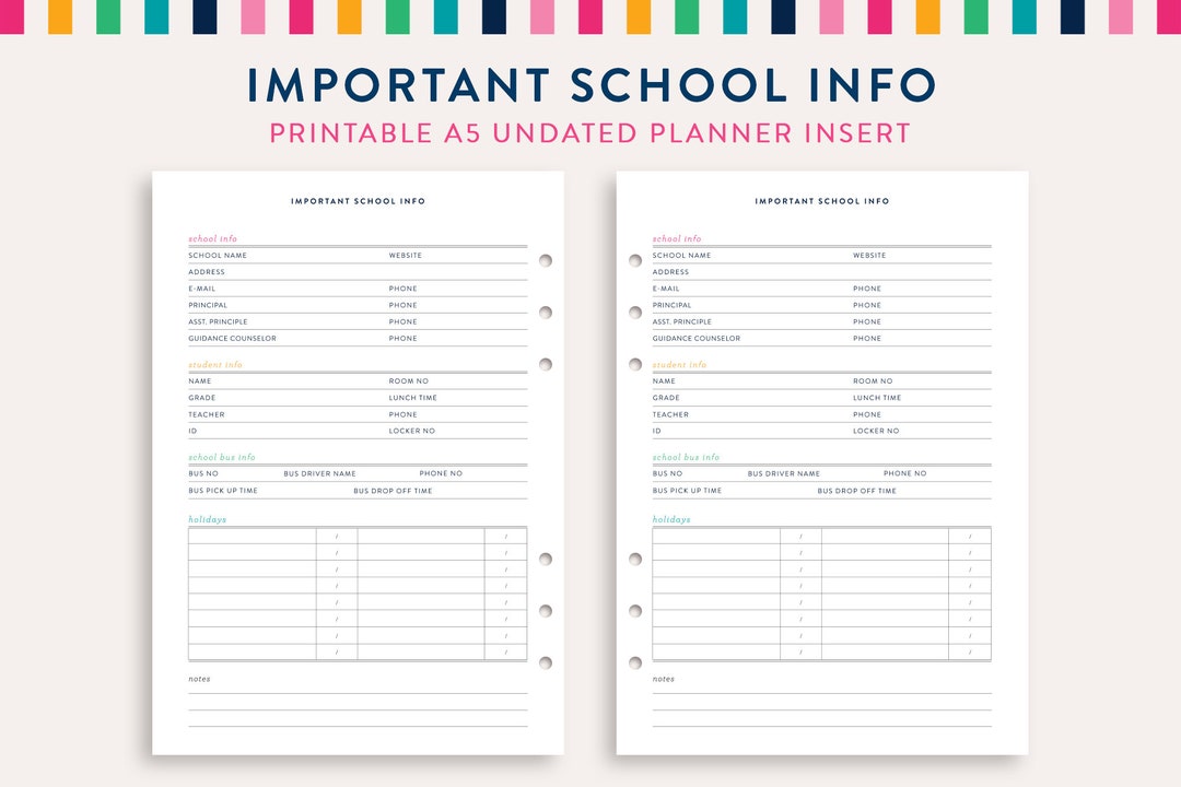 Important School Info A5 Planner Inserts, Important School Info Sheet ...