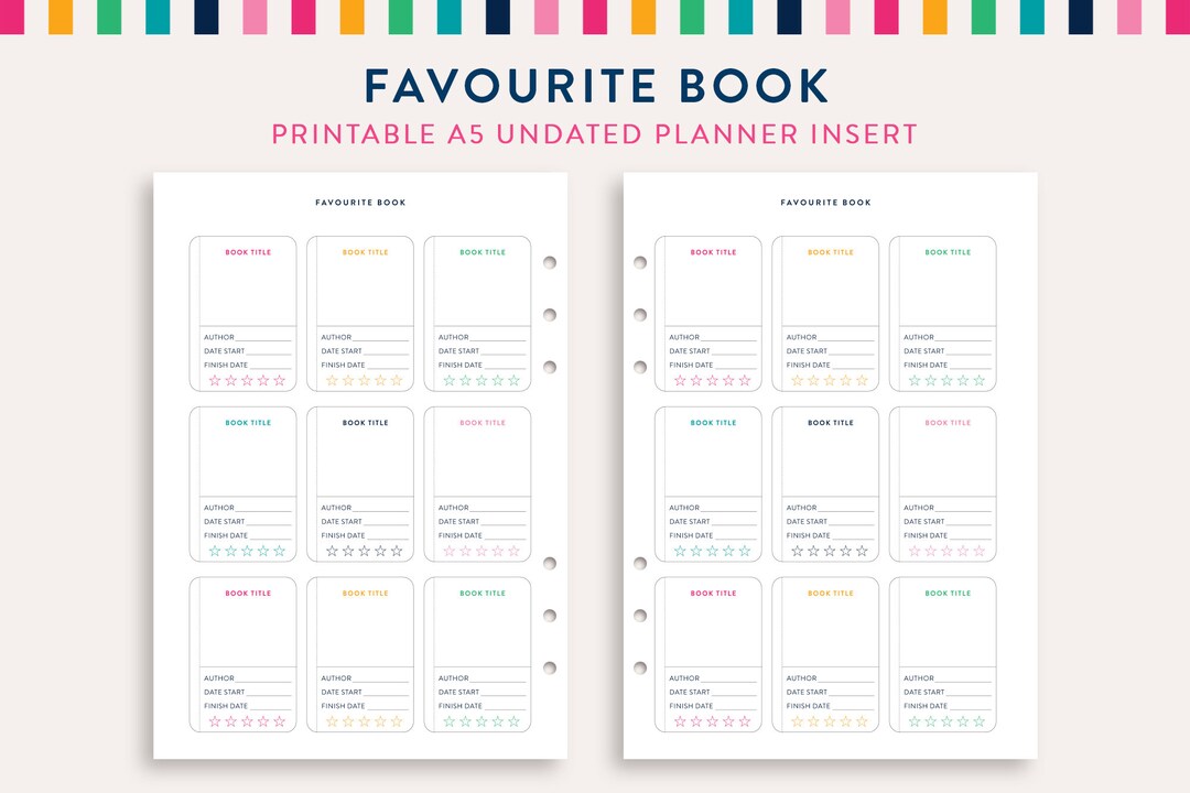 Favourite Book A5 Planner Inserts, Favourite Book Sheet, Printable ...