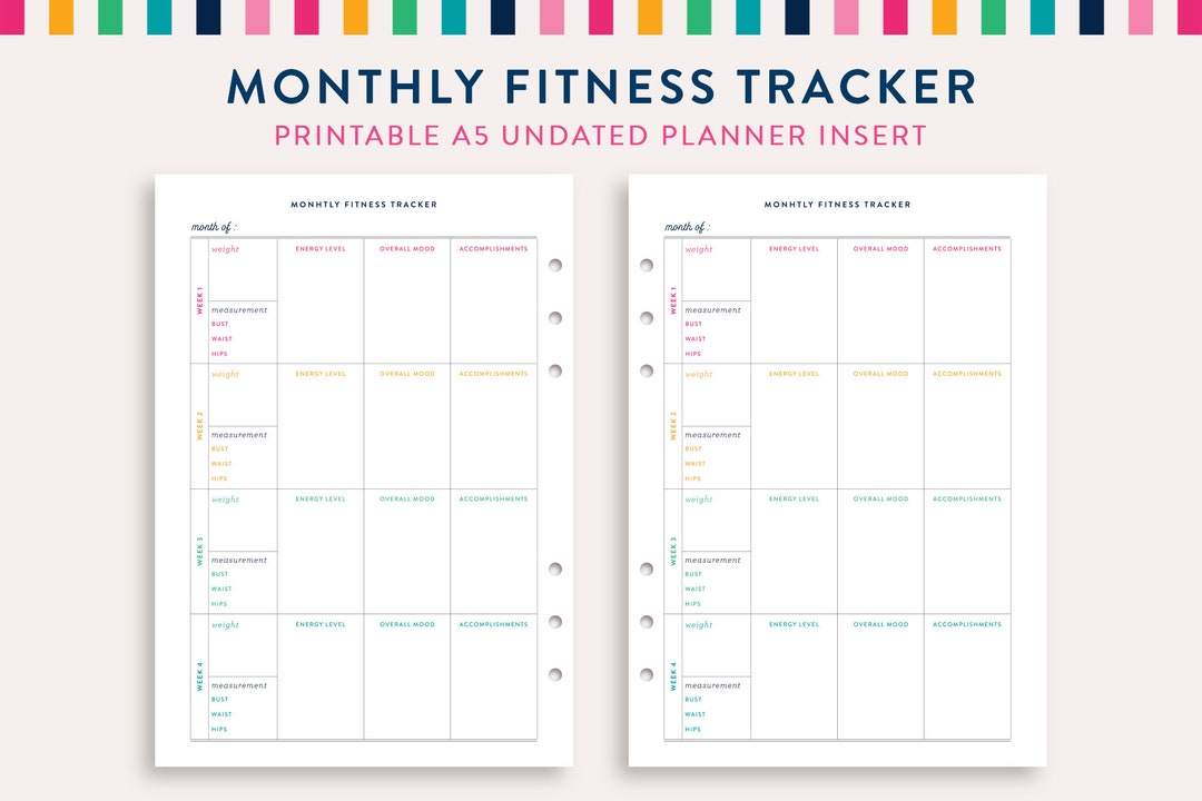 Monthly Fitness Tracker A5 Planner Inserts, Monthly Fitness Tracker ...
