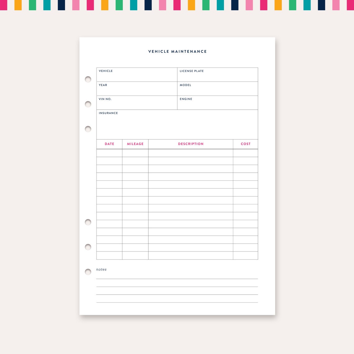 Vehicle Maintenance A5 Planner Inserts, Vehicle Maintenance Sheet ...