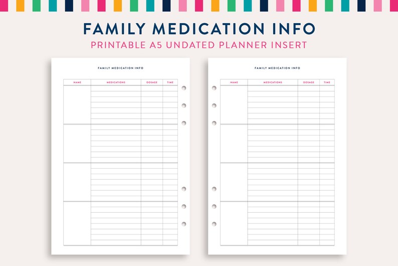 Family Medication Info A5 Planner Inserts, Family Medication Info Sheet ...