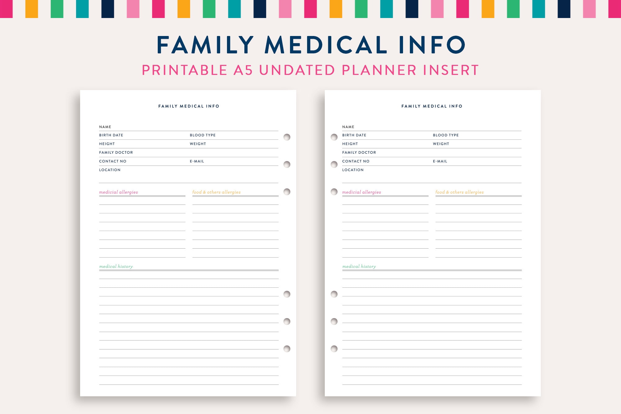 Family Medical Info A5 Planner Inserts, Family Medical Info Sheet ...
