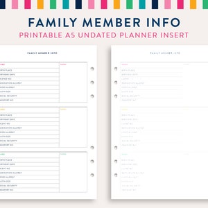 Family Member Info A5 Planner Inserts, Family Member Info Sheet ...
