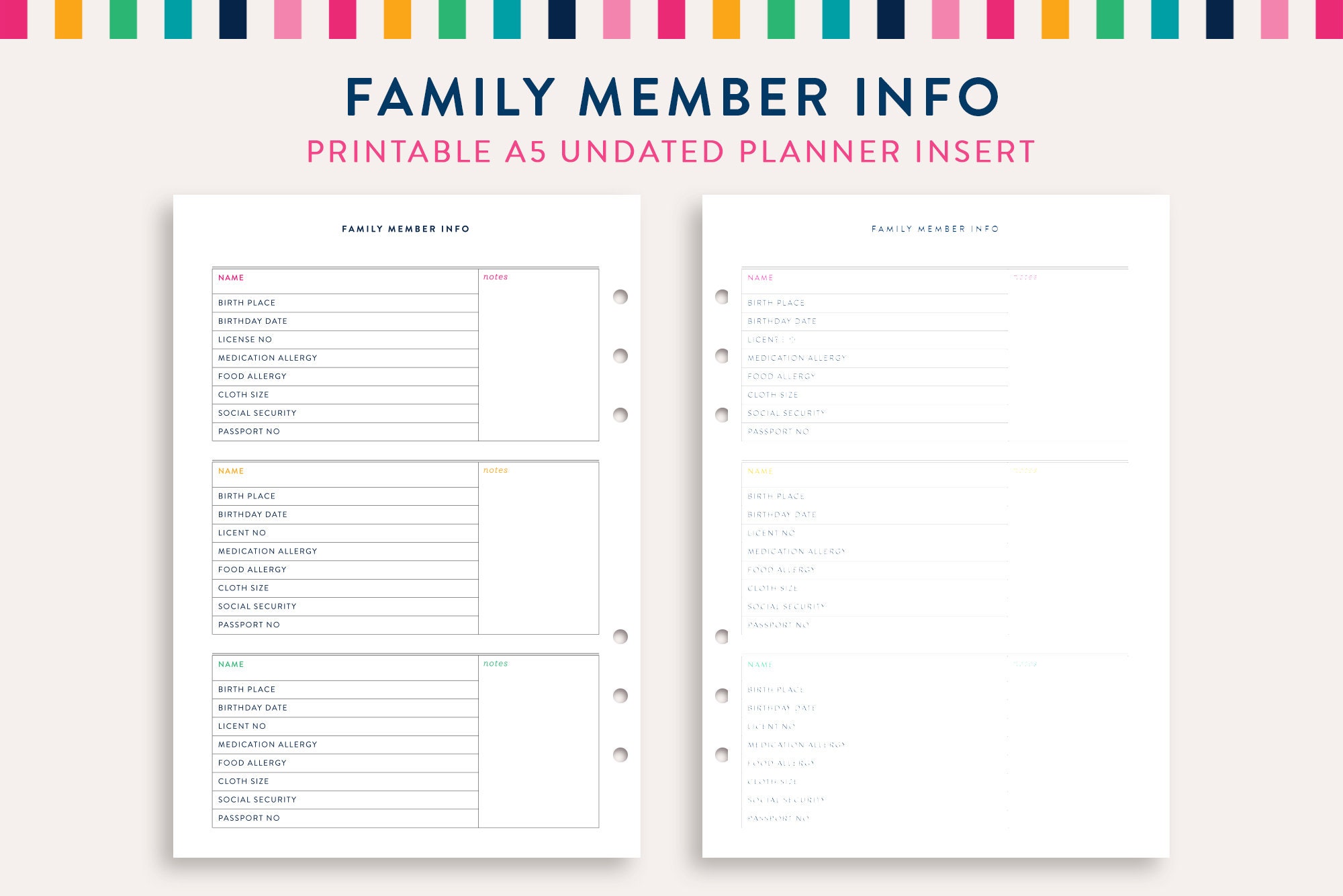 Family Member Info A5 Planner Inserts, Family Member Info Sheet ...