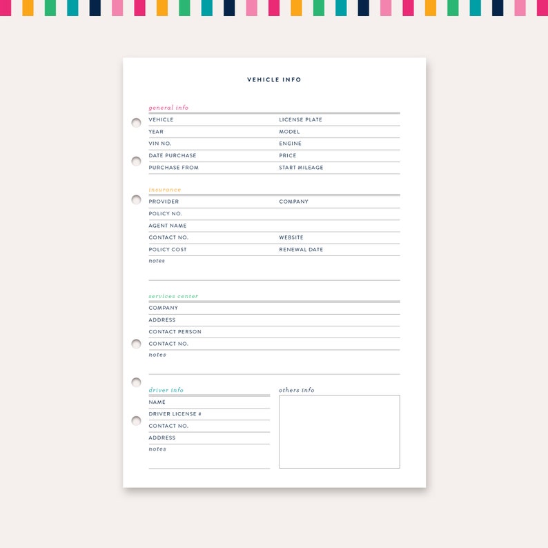 Vehicle Info A5 Planner Inserts, Vehicle Info Sheet, Printable Vehicle ...