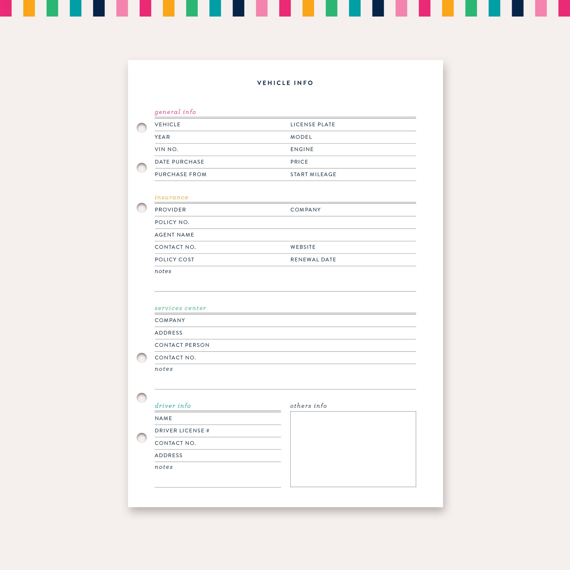 Vehicle Info A5 Planner Inserts, Vehicle Info Sheet, Printable Vehicle ...