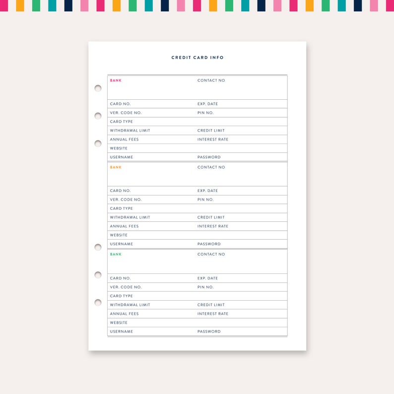 Credit Card Info A5 Planner Inserts, Credit Card Info Sheet, Printable ...