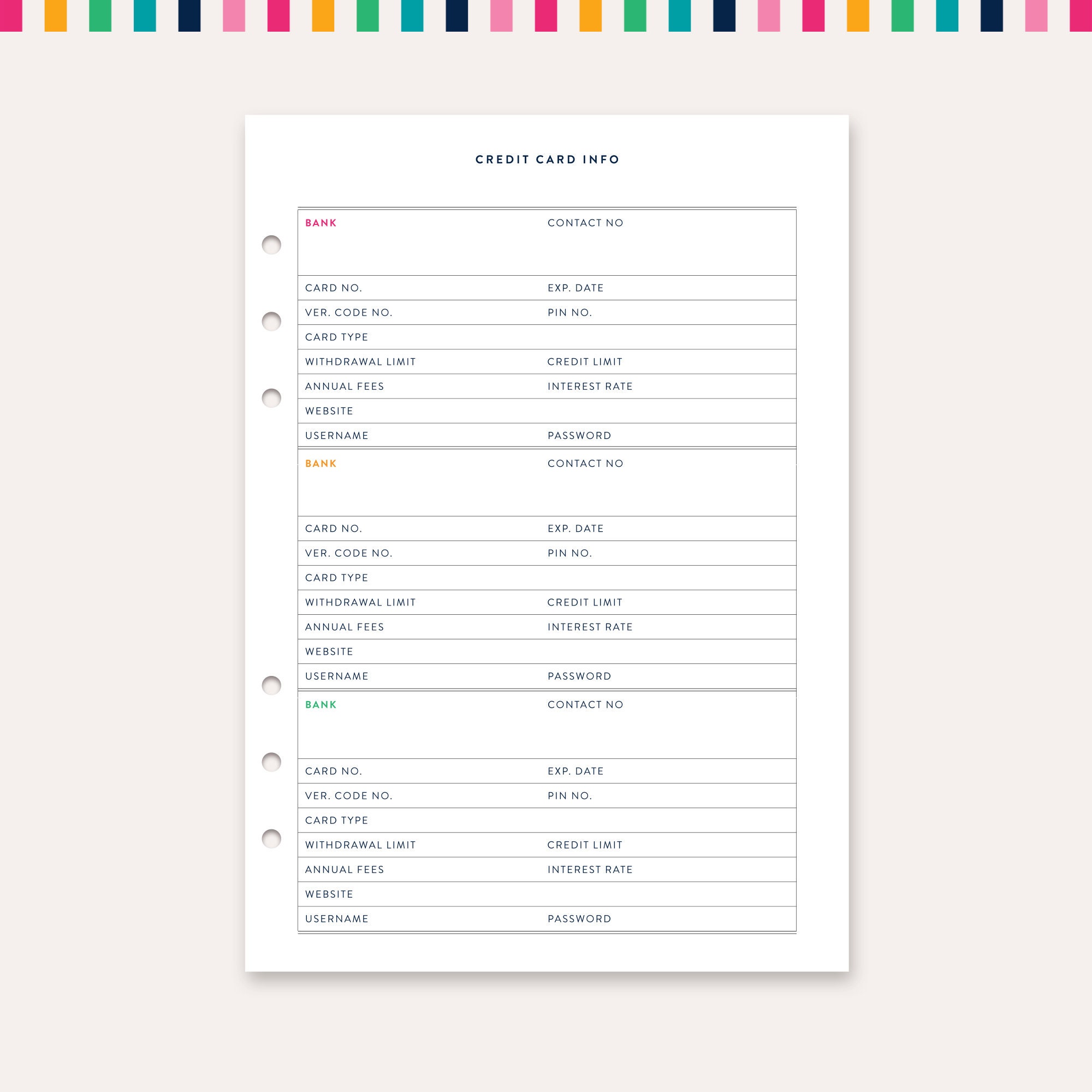 Credit Card Info A5 Planner Inserts, Credit Card Info Sheet, Printable ...