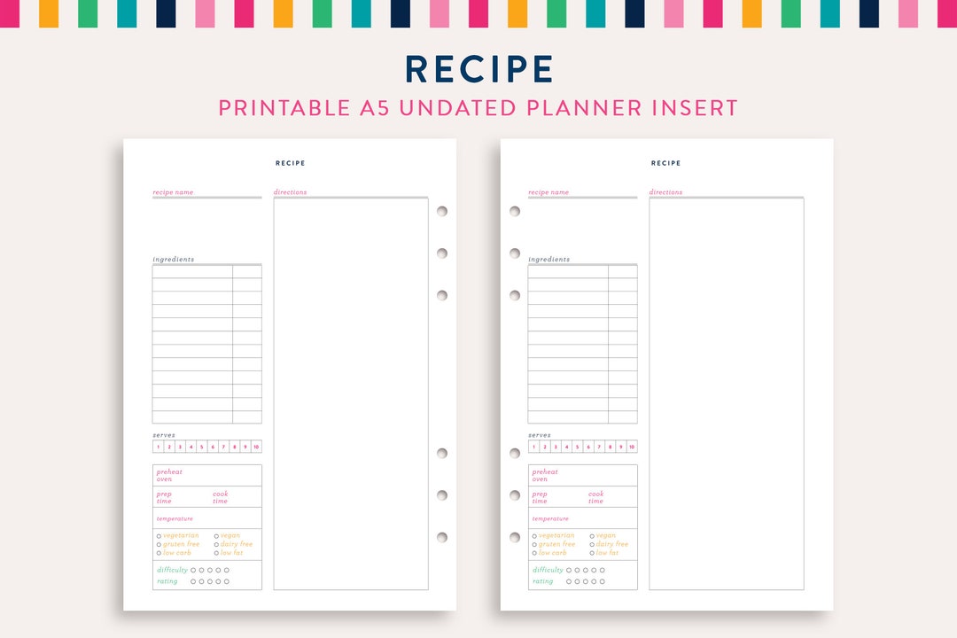 Recipe A5 Planner Inserts,recipe Sheet, Printable Recipe, Recipe ...