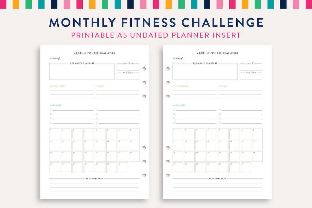 Monthly Fitness Challenge A5 Planner Inserts, Monthly Fitness Challenge ...