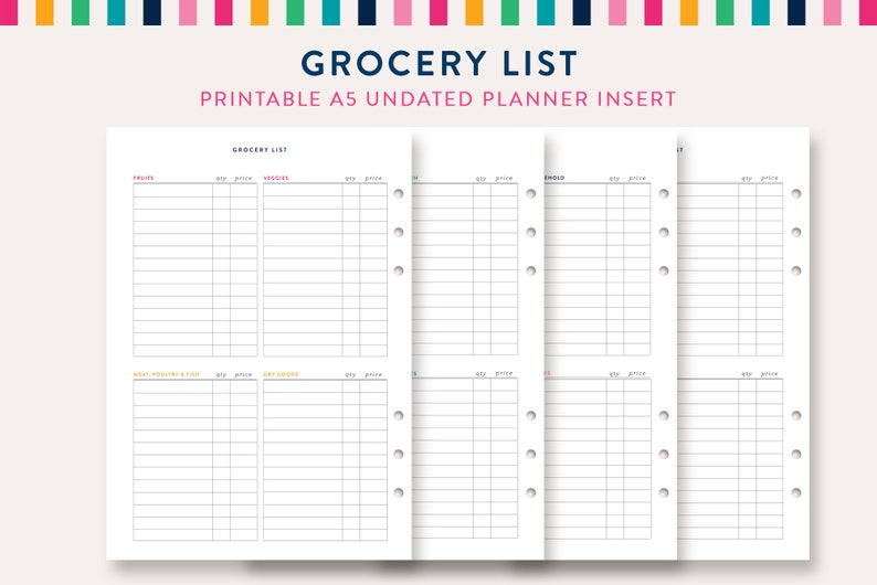 Grocery List A5 Planner Inserts, Grocery List Sheet, Printable Grocery ...