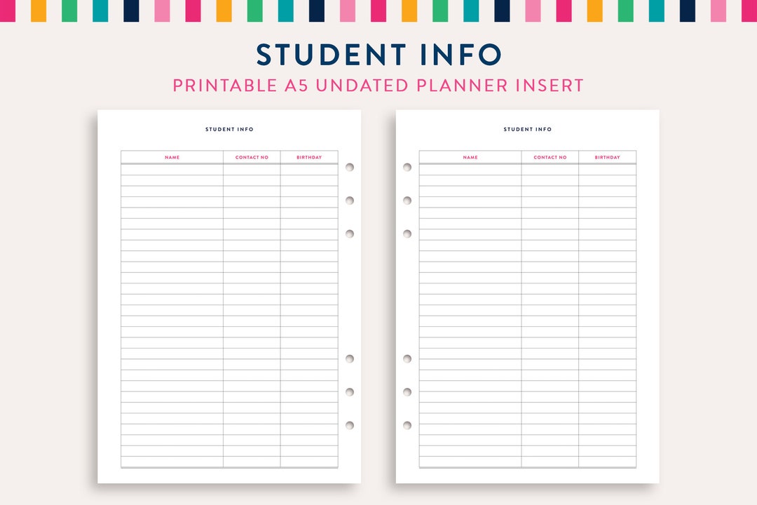 Student Info A5 Planner Inserts, Student Info Sheet, Printable Student ...
