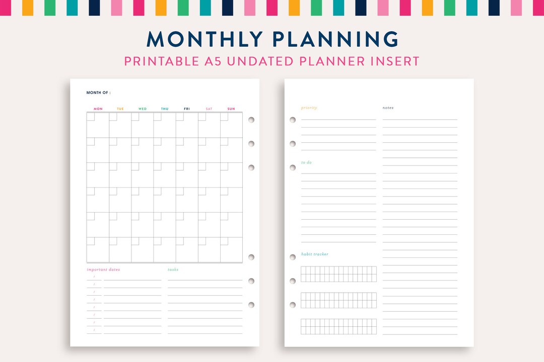 Monthly Planning A5 Planner Inserts, Monthly Planning Sheet, Printable ...