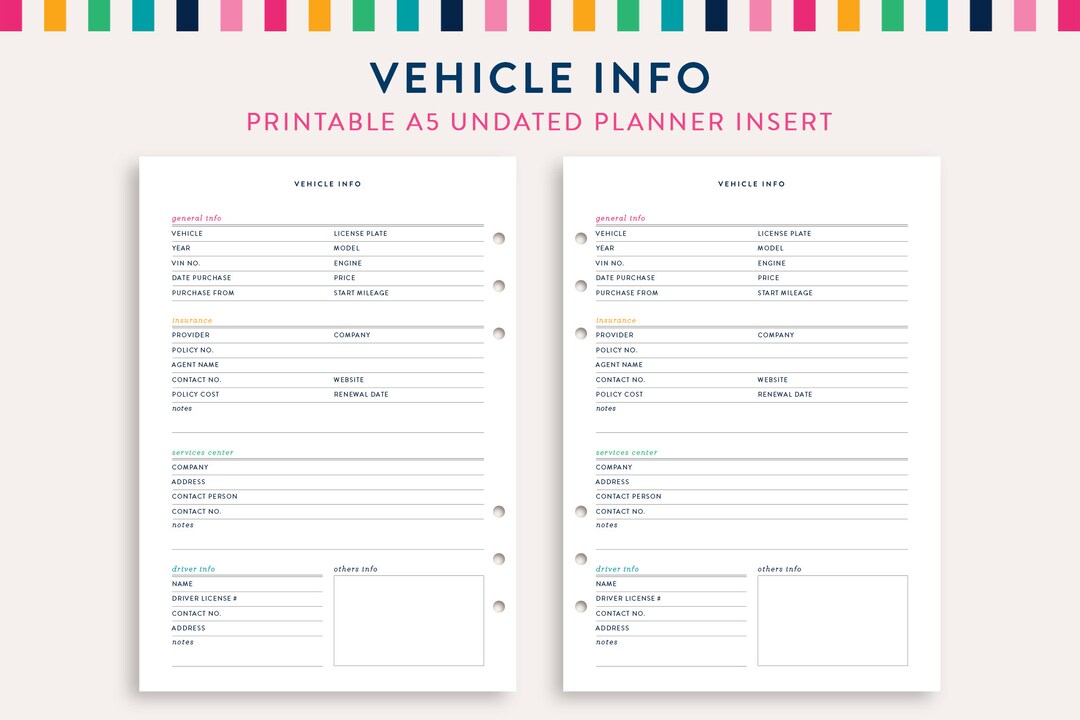 Vehicle Info A5 Planner Inserts, Vehicle Info Sheet, Printable Vehicle ...