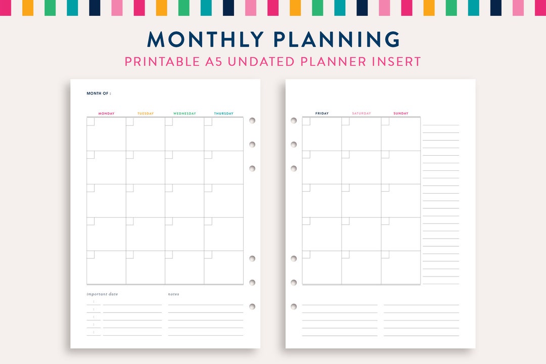 Monthly Planning A5 Planner Inserts, Monthly Planning Sheet, Printable ...