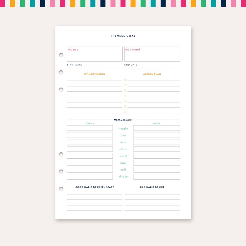 Fitness Goal A5 Planner Inserts, Fitness Goal Sheet, Printable Fitness ...
