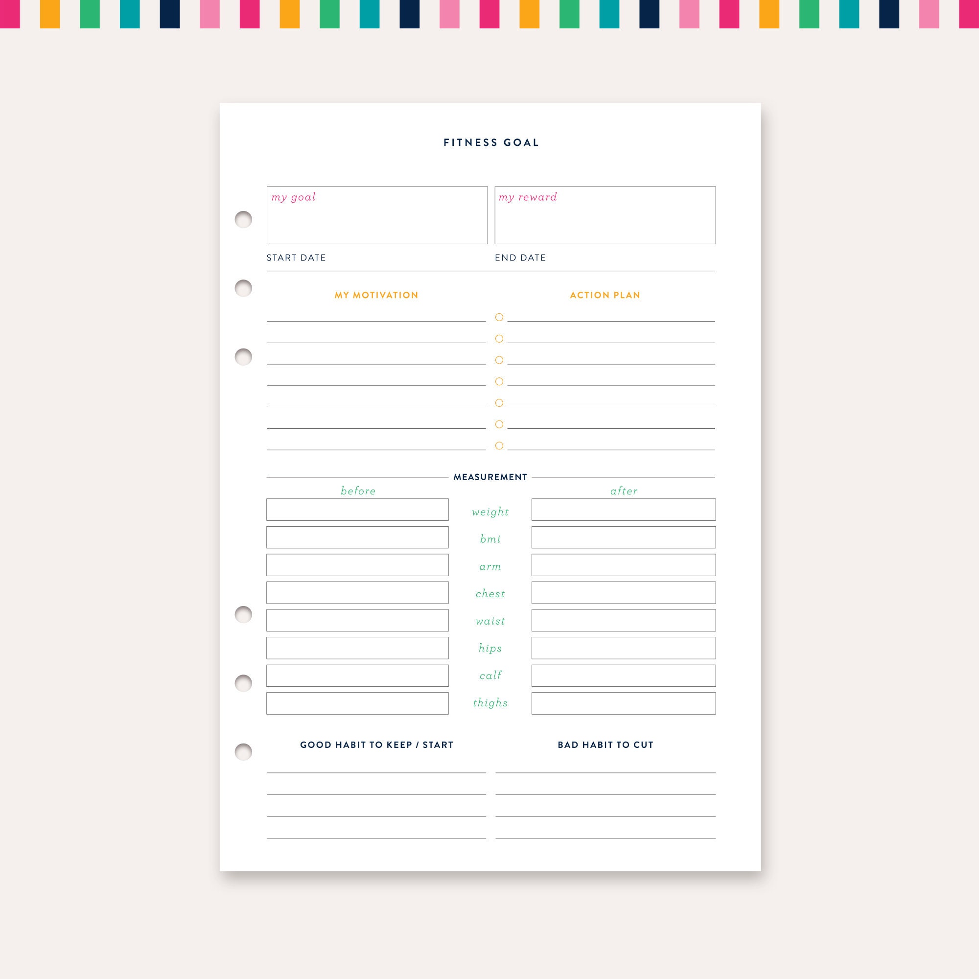 Fitness Goal A5 Planner Inserts, Fitness Goal Sheet, Printable Fitness ...