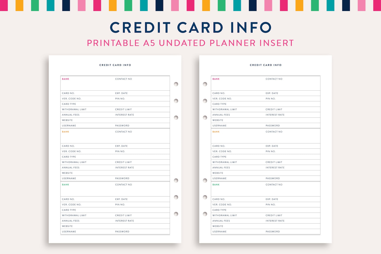 Credit Card Info A5 Planner Inserts, Credit Card Info Sheet, Printable ...