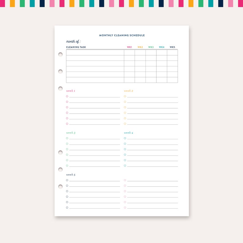 Monthly Cleaning Schedule A5 Planner Inserts, Monthly Cleaning Schedule ...