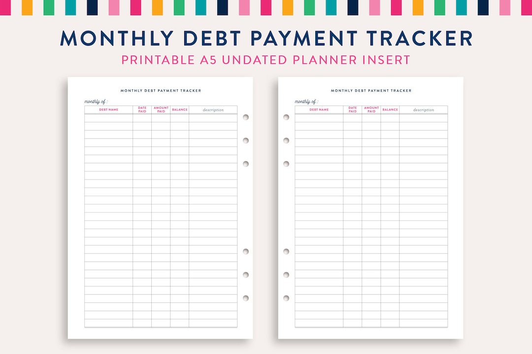 Monthly Debt Payment Tracker A5 Planner Inserts, Monthly Debt Payment ...
