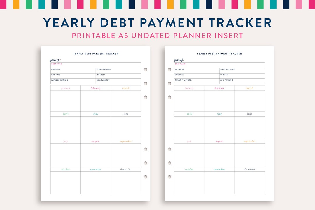 Yearly Debt Payment Tracker A5 Planner Inserts, Yearly Debt Payment ...