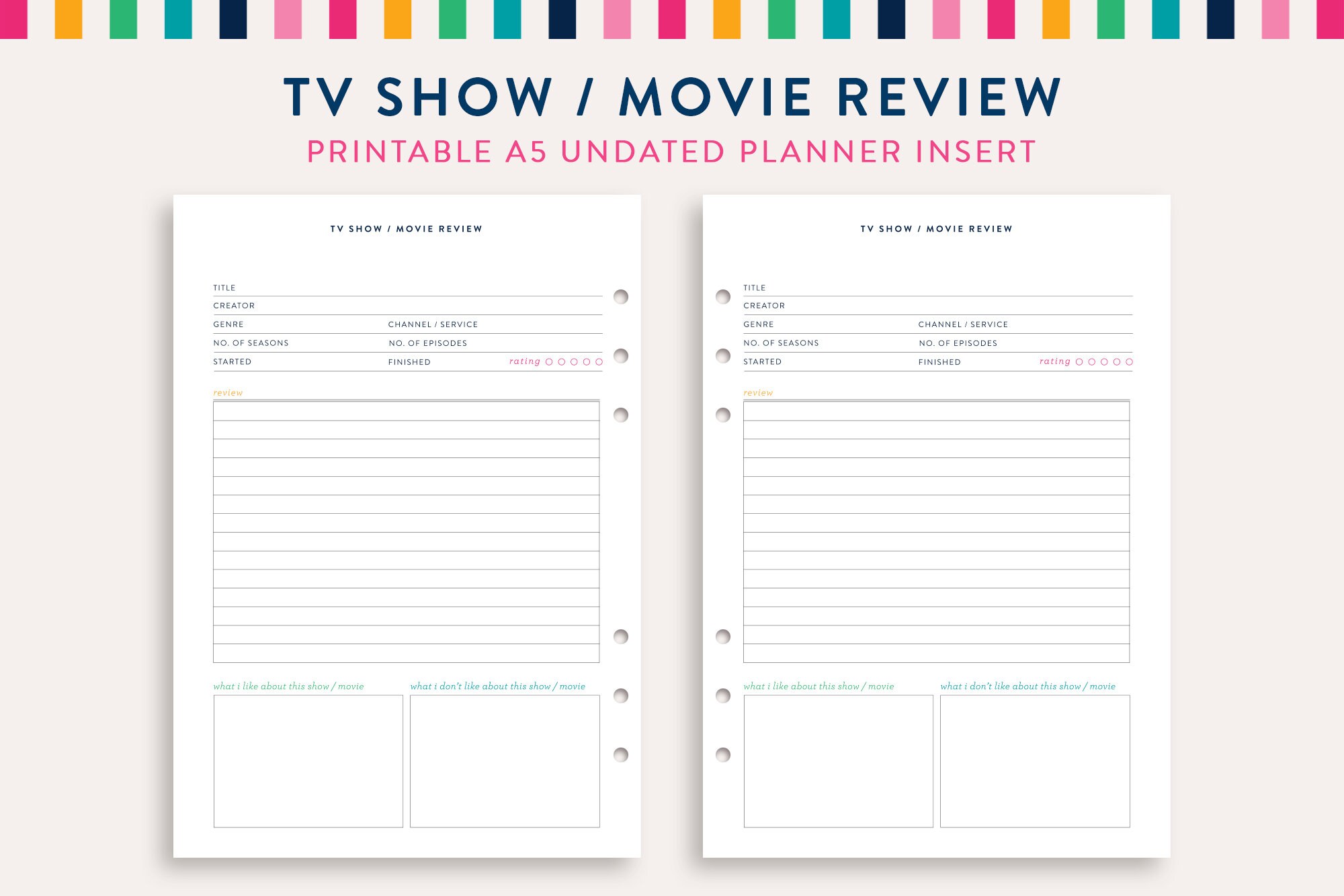 TV Show/movie Review A5 Planner Inserts, TV Show/movie Review Sheet ...