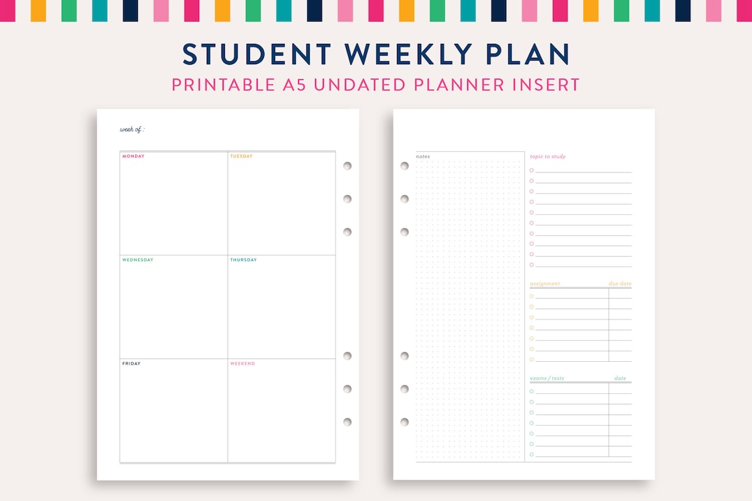 Student Weekly Plan A5 Planner Inserts, Student Weekly Plan Sheet ...