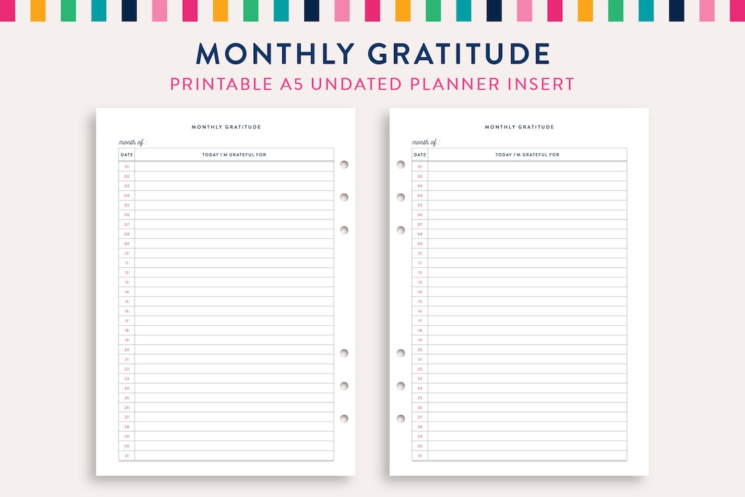Monthly Gratitude A5 Planner Inserts, Monthly Gratitude Sheet ...