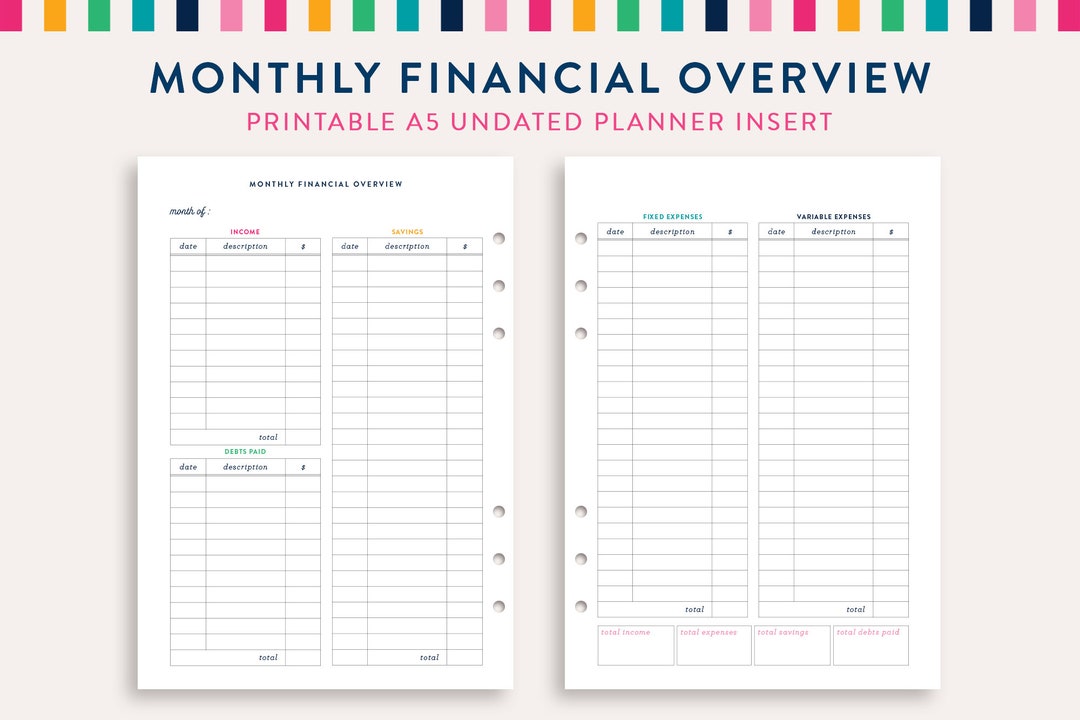 Monthly Financial Overview A5 Planner Inserts, Monthly Financial ...