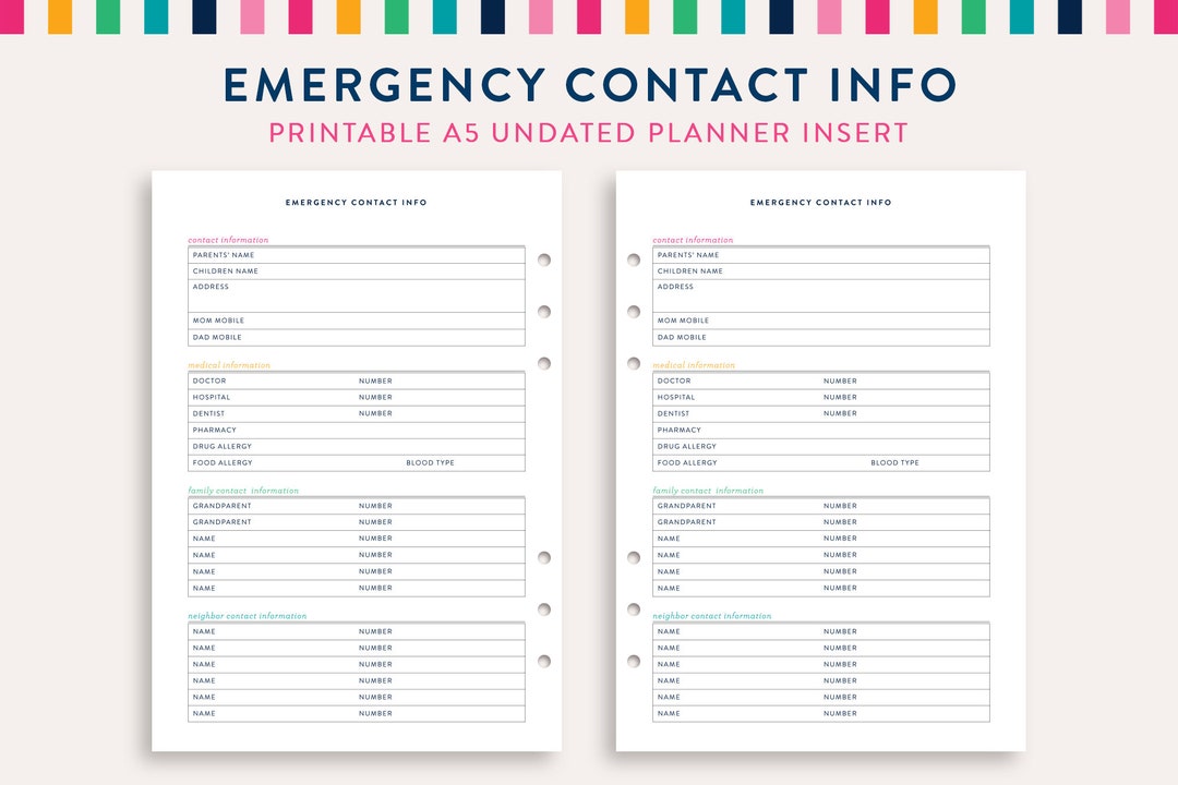 Emergency Contact Info A5 Planner Inserts, Emergency Contact Info Sheet ...