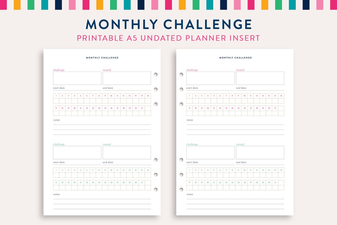 Monthly Challenge A5 Planner Inserts, Monthly Challenge Sheet ...