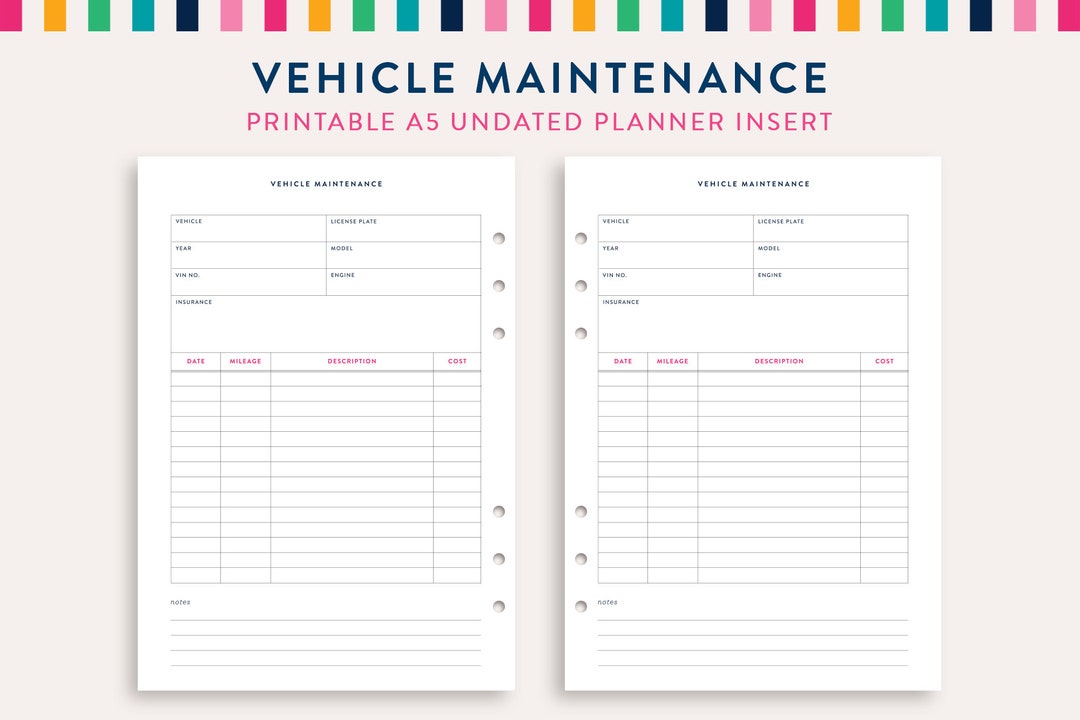 Vehicle Maintenance A5 Planner Inserts, Vehicle Maintenance Sheet ...