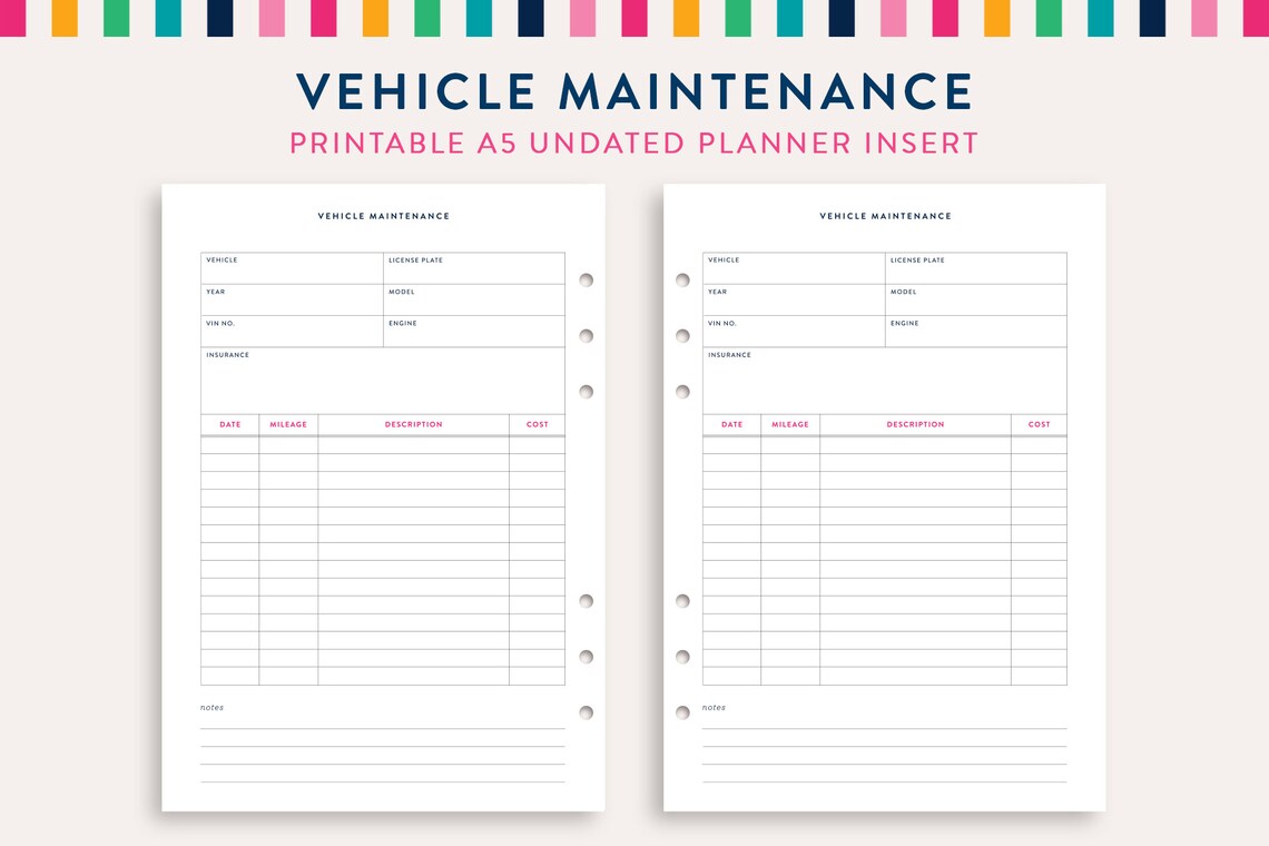 Vehicle Maintenance A5 Planner Inserts, Vehicle Maintenance Sheet ...