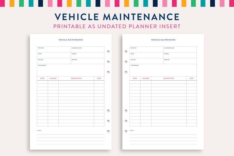 Vehicle Maintenance A5 Planner Inserts, Vehicle Maintenance Sheet ...