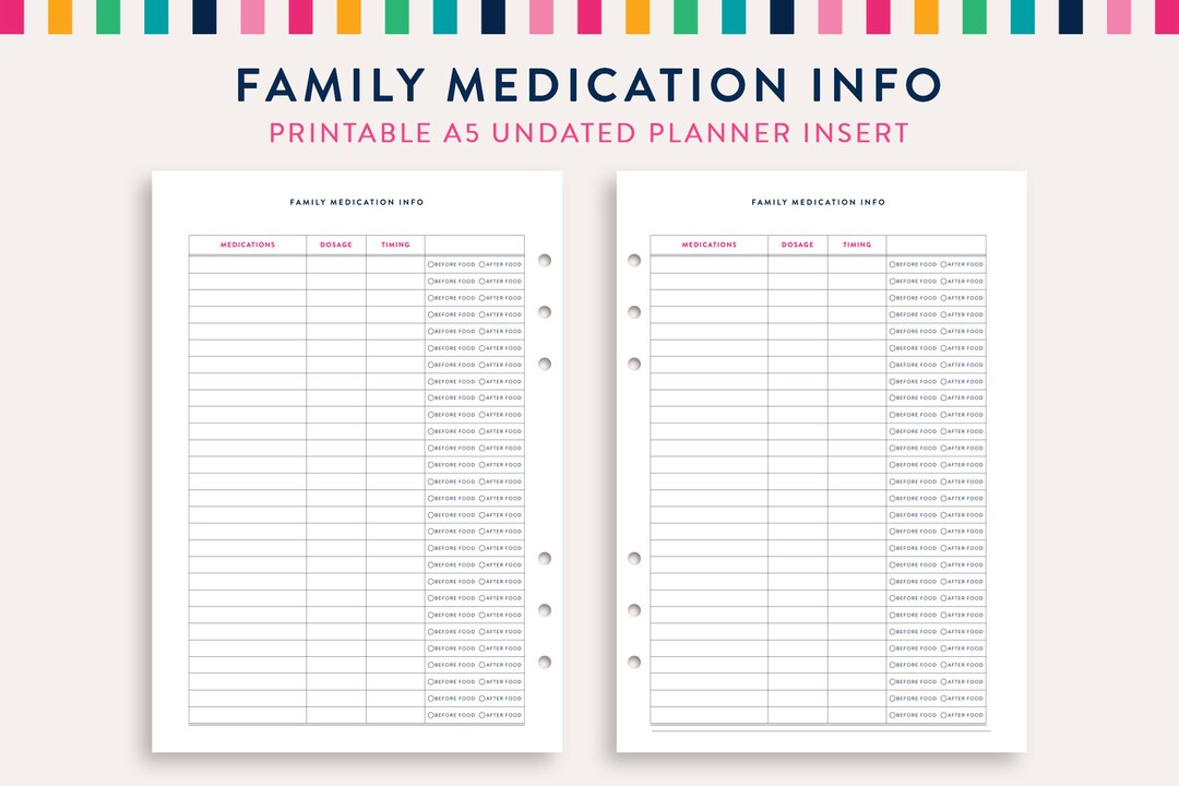 Family Medication Info A5 Planner Inserts, Family Medication Info Sheet ...