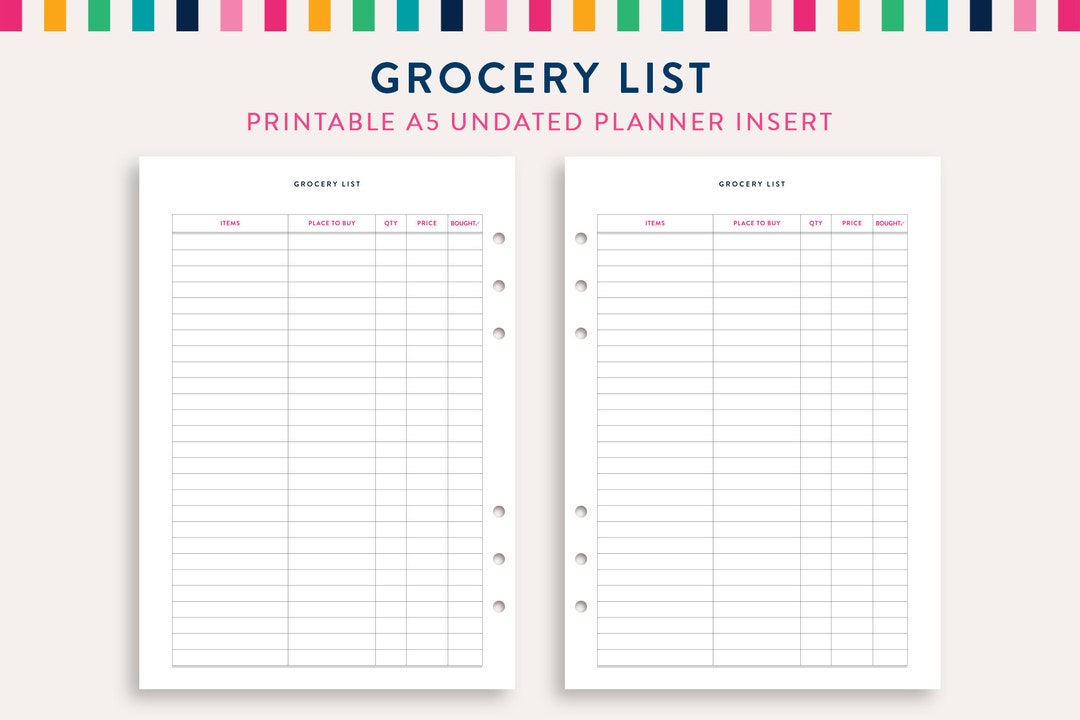 Grocery List A5 Planner Inserts, Grocery List Sheet, Printable Grocery ...