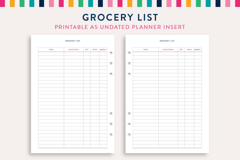 Grocery List A5 Planner Inserts Grocery List Sheet Printable - Etsy
