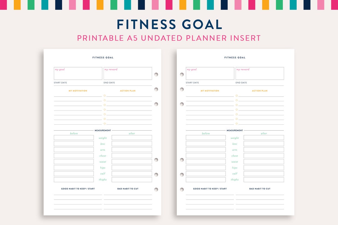 Fitness Goal A5 Planner Inserts, Fitness Goal Sheet, Printable Fitness ...